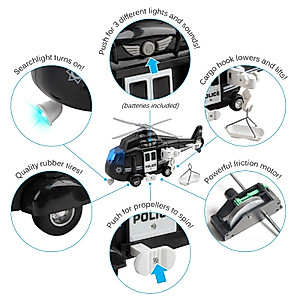 Vokodo Police Helicopter 11" With Lights And Sounds Push And Go Includes Rescue Basket Durable Toy Friction Kids Cop Chopper SWAT Airplane Pretend Play Truck Great Gift For Children Boys Girl Toddlers