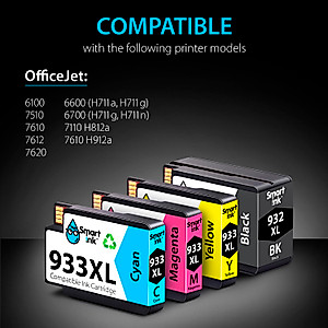 Smart Ink Compatible Ink Cartridge Replacement for HP 932XL 933XL 932 XL 933 XL 4 Combo Pack (XL Black, Cyan, Magenta Yellow) to use with HP Officejet 6100 6600 6700 7110 7510 7610 7612 7620 Printers