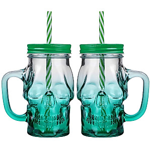 Amosfun 2Pcs glass tumbler with straw and lid skull mason jar cup cups drinking jars clear lids tumblers- Halloween Skull Gradient Glass- Cup Wine Glasses Drink Milk Cup (500ML)