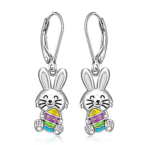 Easter Bunny Earrings for Women Sterling Silver Cute Bunny Rabbit Egg Earrings Dangle Jewelry Easter Holiday Gifts