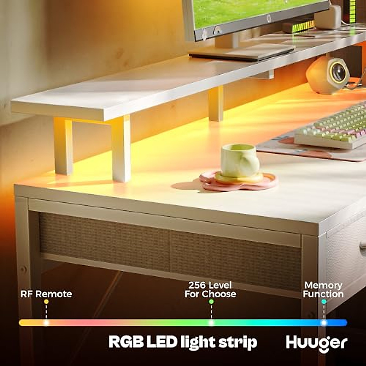 Huuger 47 inch Computer Desk with 3 Drawers, Office Desk Gaming Desk with LED Lights & Power Outlets, Home Office Desks with Storage Space for Bedroom, Work from Home, White