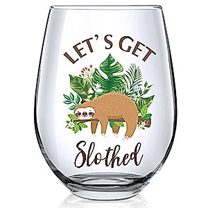 Let's Get Slothed Stemless Wine Glass Funny Sloth Mug Gift for Sloth Lovers Him Her Men Women Friend Family Coworker on Birthday Christmas Thanksgiving Festival Graduation Wine Glass Present, 17 oz