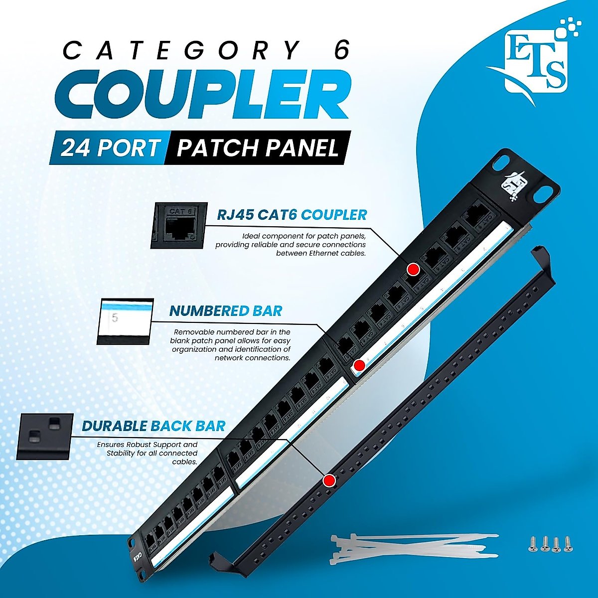 ETS 24 Port CAT6 Pass Through Coupler Patch Panel with Back Bar, Compatible with Cat5, Cat5e, Cat6, Cat6A, Loaded with Unshielded keystones