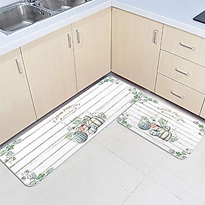 SUN-Shine Thanksgiving Pumpkin Fall Season Kitchen Rug Set 2 Pieces Cushioned Kitchen Floor Mats Comfort Soft Standing Doormat, Non Slip Rugs and Runner White Wood Board