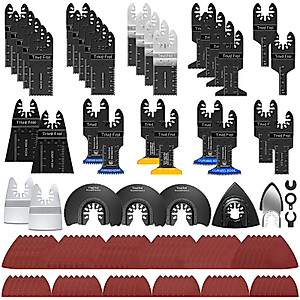 Trivd Frol 121 Pack Oscillating Saw Blades, Titanium Oscillating Tool Blades with Sandpaper, Multitool Blades for Wood Metal Plastics Cutting, Multi Tool Blades Kits Fit Bosch Dewalt Ryobi Milwaukee