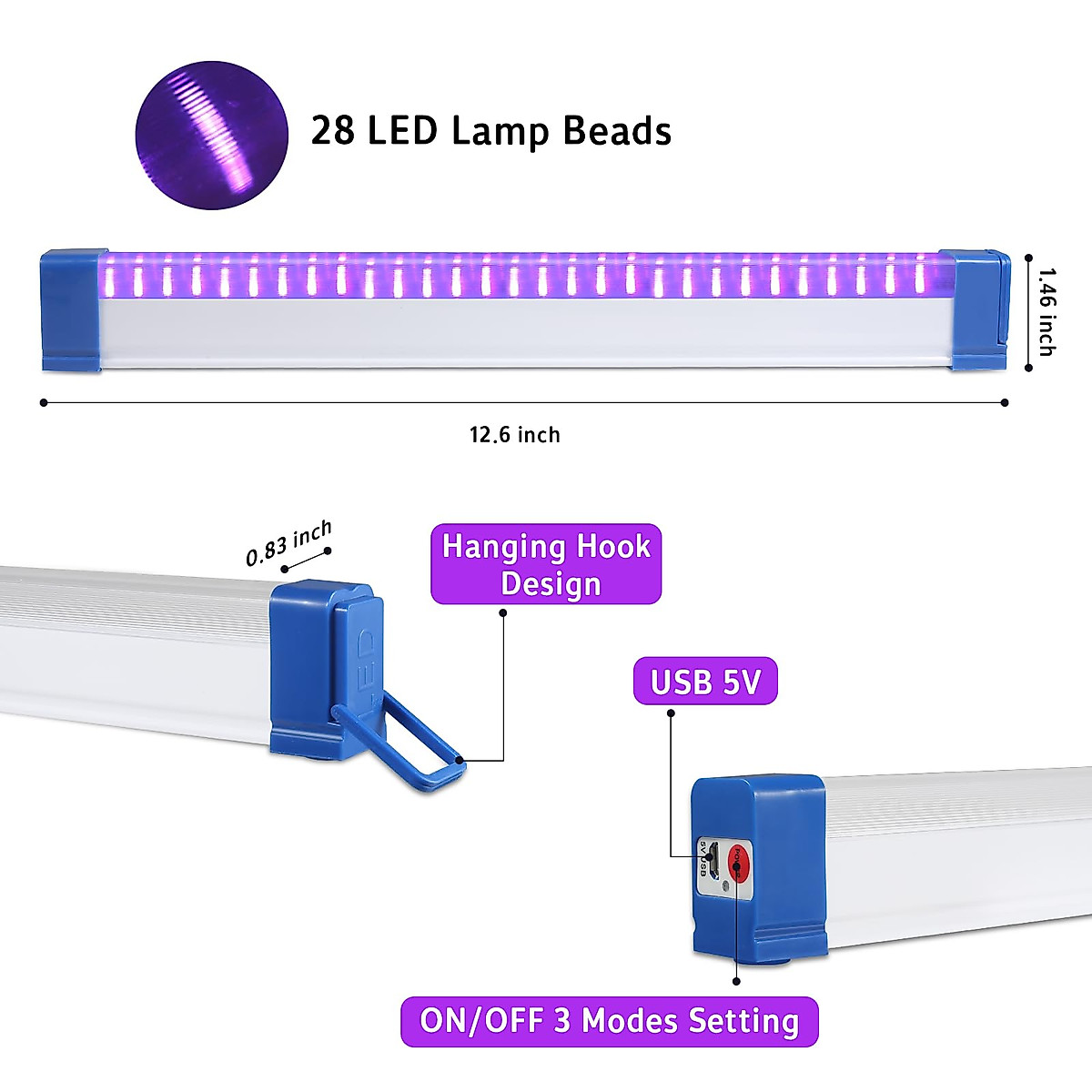 Rechargeable Black Light Bar,10W Portable Battery Powered Blacklight Lamp,UV LED Black Lights for Glow Party, Fluorescent Tapestry Poster, Halloween, Body Painting and Vaseline Glass 2 Pack