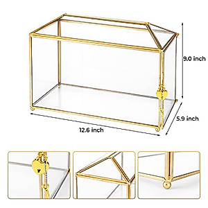 Ripprovt Glass Wedding Card Box with Lock, 12.6x5.9x9 inches Large Gold Card Boxes for Wedding Reception, Keepsake Display, Graduation, Party Centerpiece Decorative Box