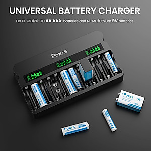 POWXS Rechargeable AA AAA 9V Battery Charger with 1800mA High-Speed, 12 Bay Independent Battery Charger for 1.2V Ni-MH Ni-CD AA AAA 9V Rechargeable Batteries and 9V Lithium ion(Include AC Cable)