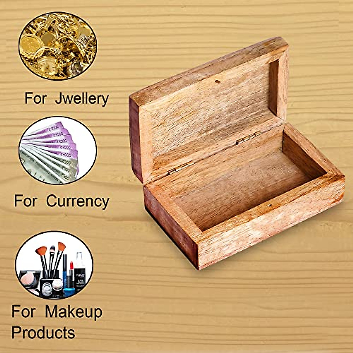 SUNDERSHALA Wooden Jewellery Box Hand Carvings Designs Keepsake Storage Premium Wooden Trinket Box (5 x 3 x 1.75 inches, Brown (Plain))