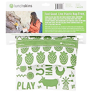 Lunchskins Reusable 2 Piece Food Storage Bag Set, 1 Sandwich Bag + 1 Snack Bag, Green Farm