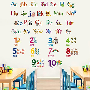 Animal Alphabet Wall Decals ABC Stickers Alphabet Number Wall Decals Wall Decals Peel and Stick Educational Classroom Wall Stickers for Kids Nursery Bedroom Living Room Playroom Decorations.