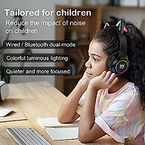 SIMGAL Bluetooth Cat Ear Headphones for Kids, Wireless & Wired Mode Foldable Headset with Mic, RGB LED Light, for Girls School Gaming, Compatible with Mobile Phones PC Tablet