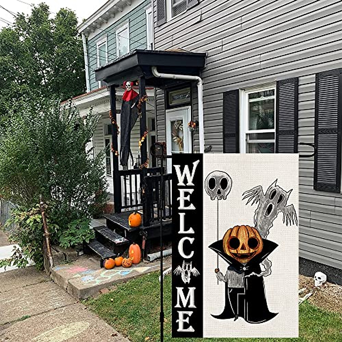 Halloween Welcome Garden Flag Burlap Double Sided Vertical 12×18 Inch Spooky White Ghost Jack Lantern Pumpkin Yard Decor DF108