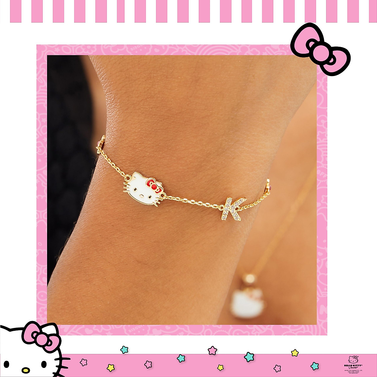 Hello Kitty Sanrio Womens Initial Bracelet 6.5" + 1"- Official License 18k Flash Plated Cubic Zirconia Letter K Bracelet