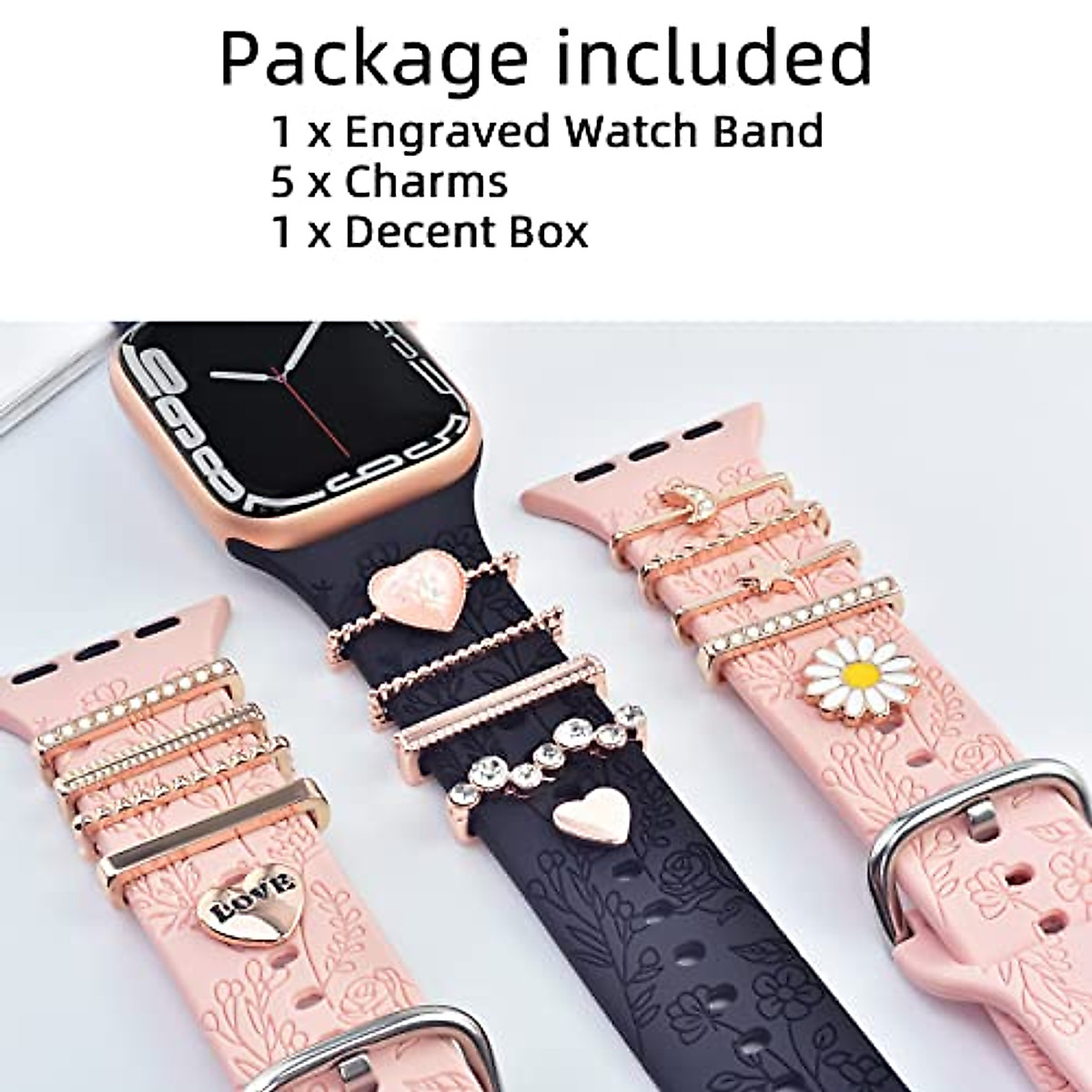OULRAEFS Apple Watch Band with Charms (iWatch Bands Included) Compatible with Apple Watch Bands 38mm 40mm 41mm Series 8 7 SE 6 5 4 3 2 1 Floral Engraved Silicone Bands with Decorative Ring Loops Accessories, Pink