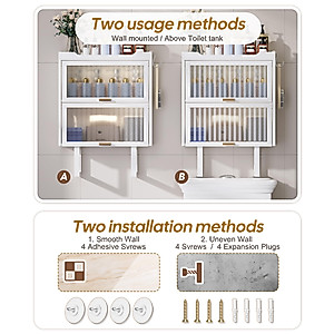 Cozivolife Over The Toilet Storage Cabinet,Bamboo Bathroom Organizer Rack with Lid and 2 Hooks,Space Saver Shelf for Bathroom,No Drilling Design Wall Mounted (White, L)