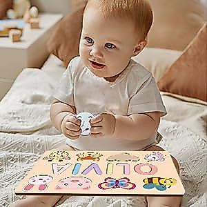 Personalized Wooden Name Puzzle for Kids, Custom Baby Gifts with Engraved Text on Back, 1st Birthday Gifts for Girls Boys, Easter Basket Stuffers for Toddler, Early Learning Toys for Baby