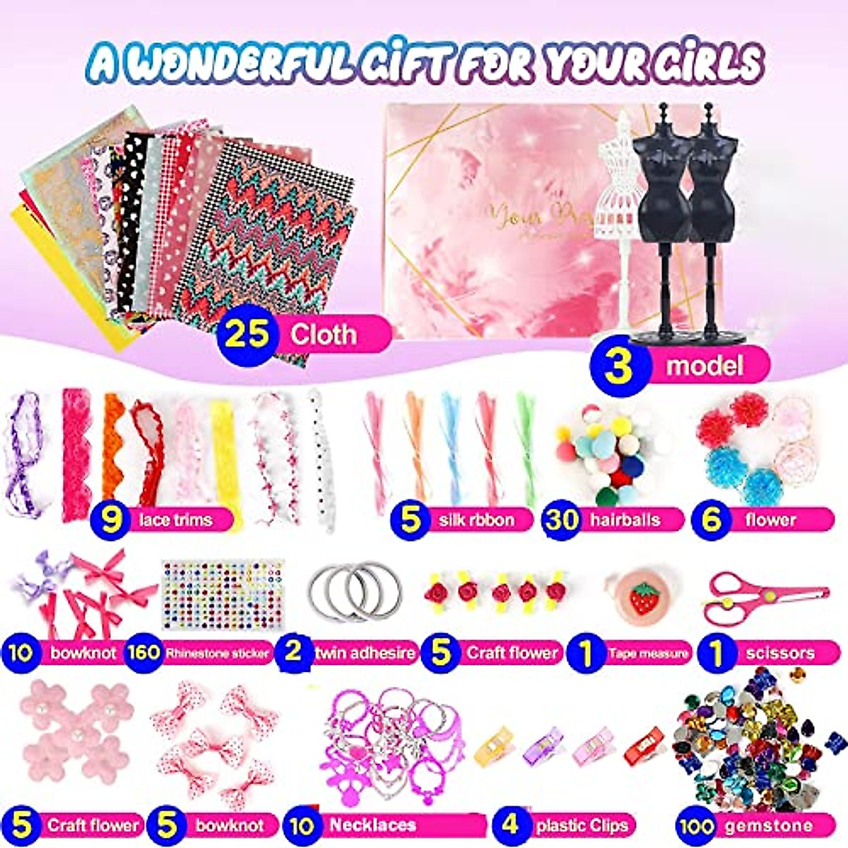 Little Brown Box 400PCS Fashion Designer Kits for Girls with 3 Mannequins Creativity DIY Craft Kits for Kids 8-12 Sewing Kit Barbie Doll Clothes Girls Birthday Gifts