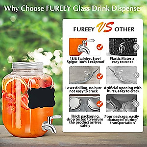 Drink Dispensers for Parties,2 Pack 1 Gallon Beverage Dispenser with Leak-Proof Stainless Steel Spigot plus Ice Cylinder and Fruit Infuser,Mason Jar Glass Drink Dispenser for Water Sangria Lemonade