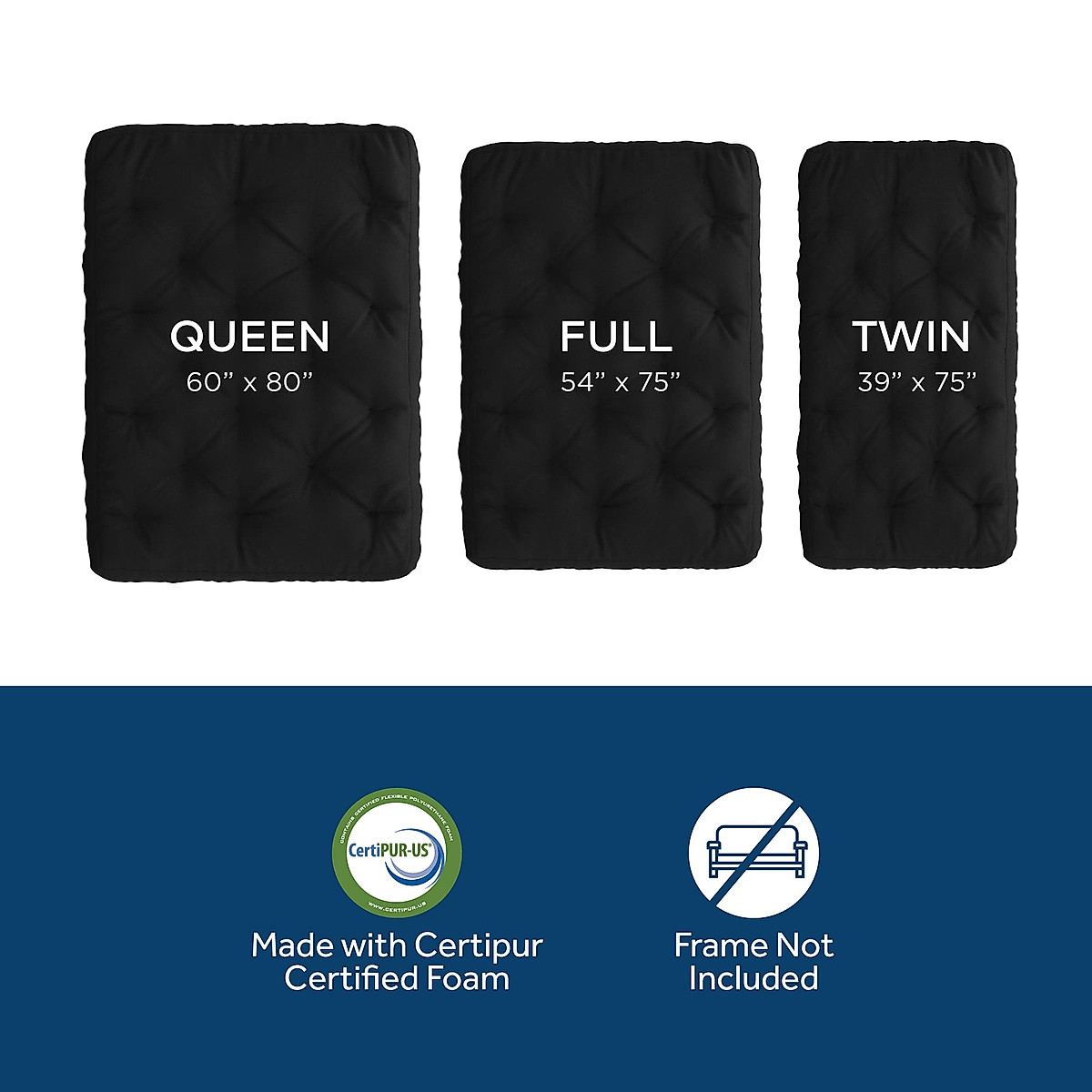 Royal Sleep Products by The Futon Factory 8 inch Foam Futon Mattress - Solid Black Fabric - Full Size - CertiPUR Certified Foams - Made in USA - (Frame not Included)