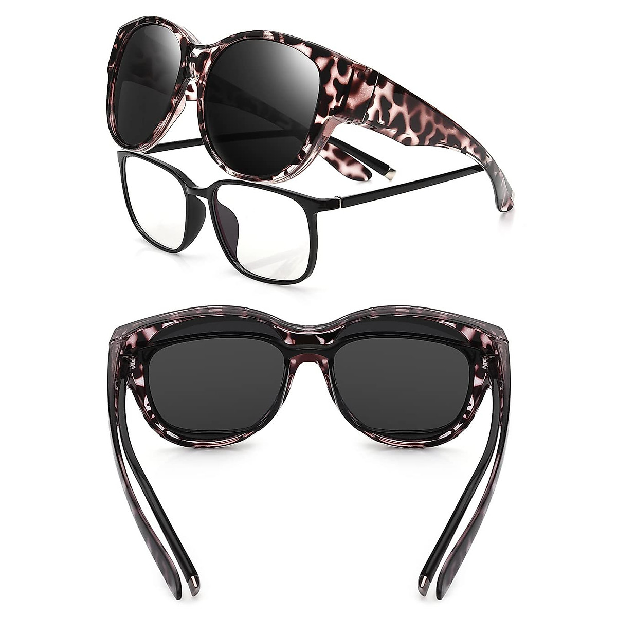Leoidou Polarized Sunglasses Fit Over Glasses Over Glasses Trendy Round Cat Eye Wrap-around Sunglasses (Grey leopard, Black)