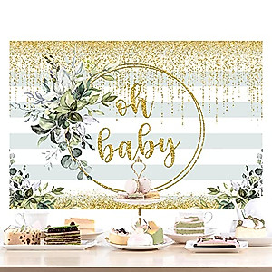 Lofaris Oh Baby Backdrop Baby Shower Green Leaves Gold Ring Golden Glitter Stripes Photography Background for Boy Girl Baby Shower Gender Neutral Newborn Party Decoration Banner Photo Booth Prop 9x6ft