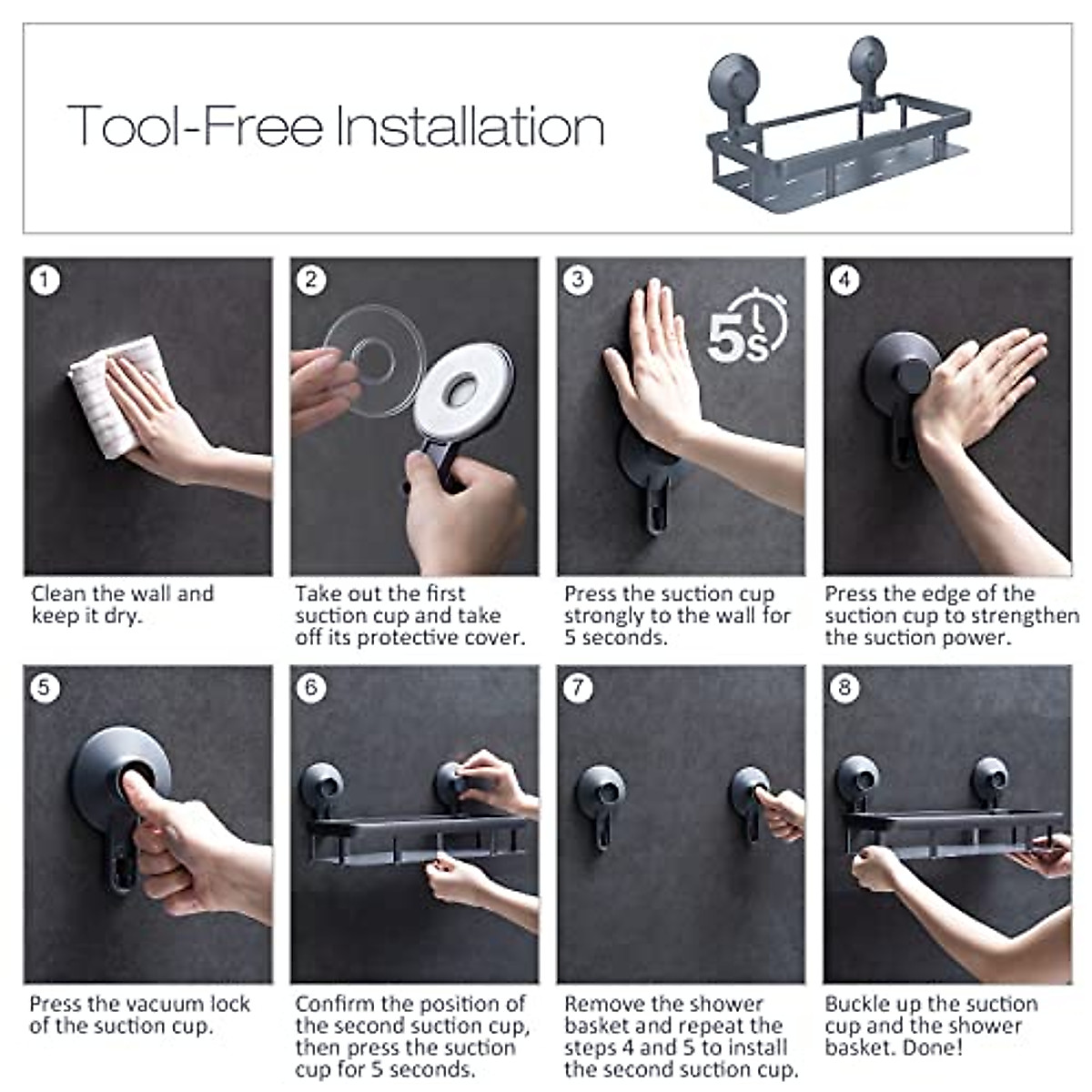 TAILI Aluminum Shower Caddy with Suction Cup, Shower Shelf Drill-Free Storage Basket for Shampoo, Body Wash, Rustproof Kitchen Bathroom Bedroom Organizer, Strong Weight Bearing of 22 LBS, Black