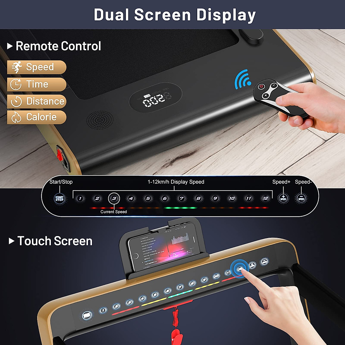 SPORFIT 2 in 1 Folding Treadmill, Portable Walking Pad Superfit Treadmill Under Desk w/Dual Digital Display, Bluetooth Speaker & Remote Control, Electric Walking Jogging Machine for Home/Office Use