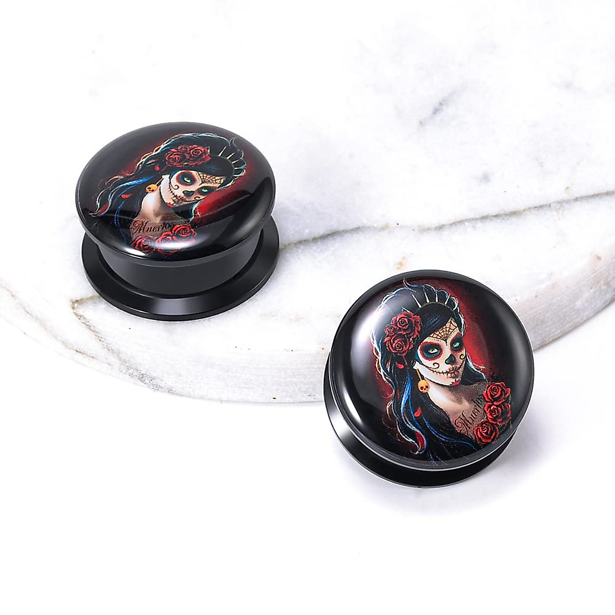 POBAISITER 1 Pair Acrylic Solid Screw Fit Ear Gauges Santa Muerte Holy Death 6mm- 25mm Colored Drawing Allergy Free For Women For Men Body Piercing Jewelry