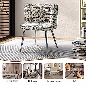 HULALA HOME Modern Dining Chairs Set of 2, Print Living Room Chair with Shell Back and Golden Metal Legs, Comfy Upholstered Cute Accent Chair for Living Room Bedroom Makeup Room Vanity, Ivory