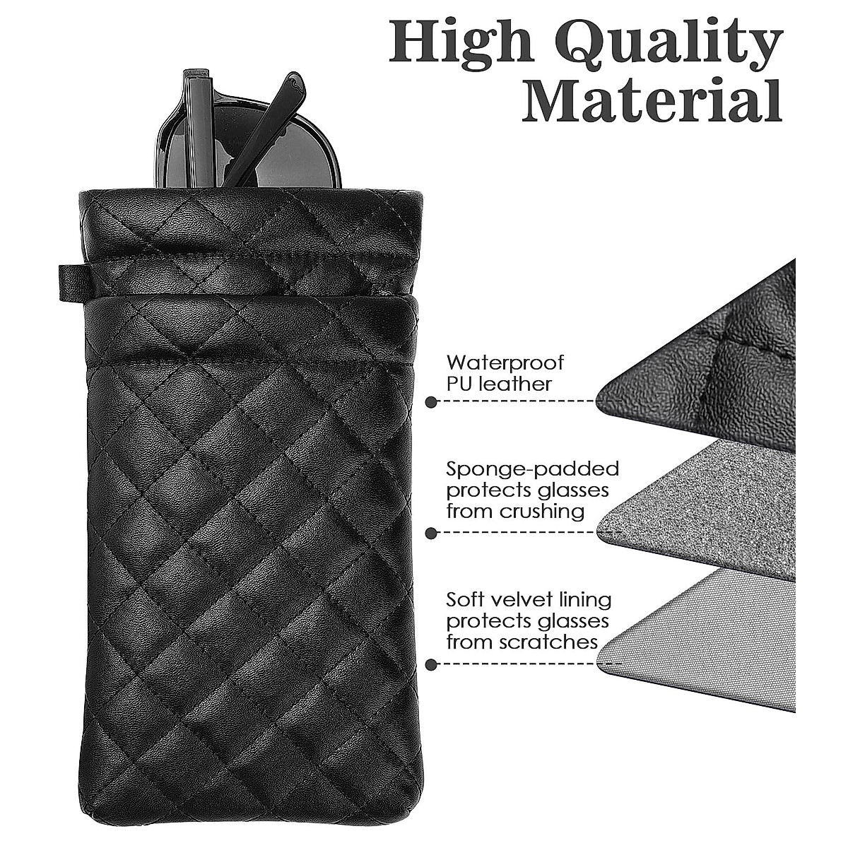 MoKo Double Eyeglasses Pouch with Carrying Strap, Soft PU Leather Large Squeeze Top Portable Sunglass Case with Cleaning Cloth for Women Men, Black