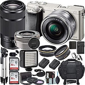 Alpha a6000 Mirrorless Digital Camera (Silver) with 16-50mm f/3.5-5.6 OSS and 55-210mm f/4.5-6.3 OSS Lens + Accessory Bundle Kit (Tripod, Travel Charger, Extra Battery, and More)