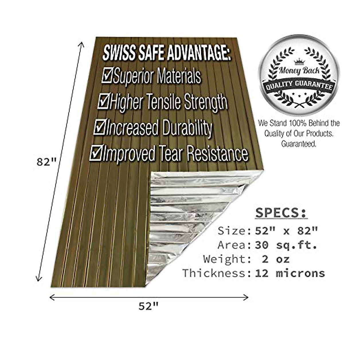 Swiss Safe Emergency Blankets for Survival Kit - Mylar Thermal Blankets - NASA-Designed Body Warmer for Camping, Hiking & Outdoor Activities, Bug Out Bag - 4 Pack w/Bonus Gold Foil Space Blanket Fit