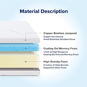 Olee Sleep Tri-Folding Antibacterial Memory Foam Mattress Topper, 4 Inch Copper Bamboo Gel Folding Mattress, Washable Cover, CertiPUR-US Certified, Soft, White, Single Size