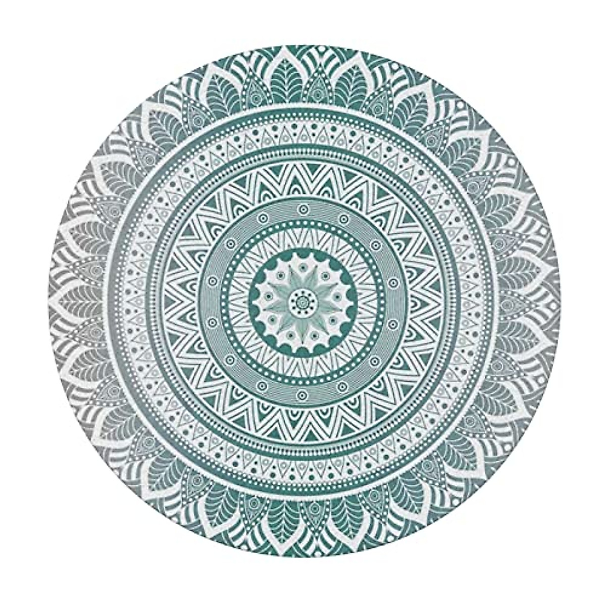 WILL BUDXEG Teal Grey Boho Modern Mandala Turquoise Round Fitted Table Cover Elastic Edge Circle Tablecloth for Outdoor Dining Party Holiday Fits Table up 45"-50" Diameter