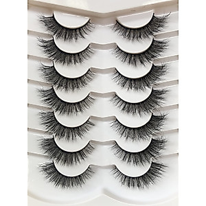 Pooplunch False Eyelashes Cat Eye Look Fluffy Wispy Faux Mink Lashes 7 Pairs 14MM Natural Extension Volume 8D Soft Curly Fake Eyelashes Strips Pack
