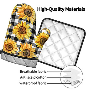 Beautiful Sunflower Buffalo Plaid Oven Mitts Pot Holders,Resistant Oven Mitts Pot Holders for Cooking BBQ Baking Kitchen Decor(2 Piece)