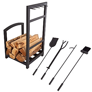Lavish Home 5-Piece Fireplace Tool Set and Log Rack - Mission-Style Firewood Holder with Shovel, Broom, Tongs, and Poker for Hearth (Matte Black)