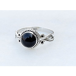 Black Onyx Stone Ring, Handmade 925 Sterling Silver Rings for Women Girls, Natural Gemstone Ring US size 9 Solitaire Ring, Round Stone Ring, Minimalist Birthstone Gift Jewelry for her