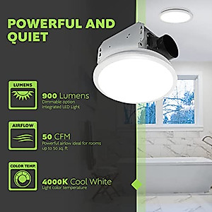 Homewerks 7141-50 Bathroom Fan Integrated LED Light Ceiling Mount Exhaust Ventilation 0.7 Sones 50 CFM, White