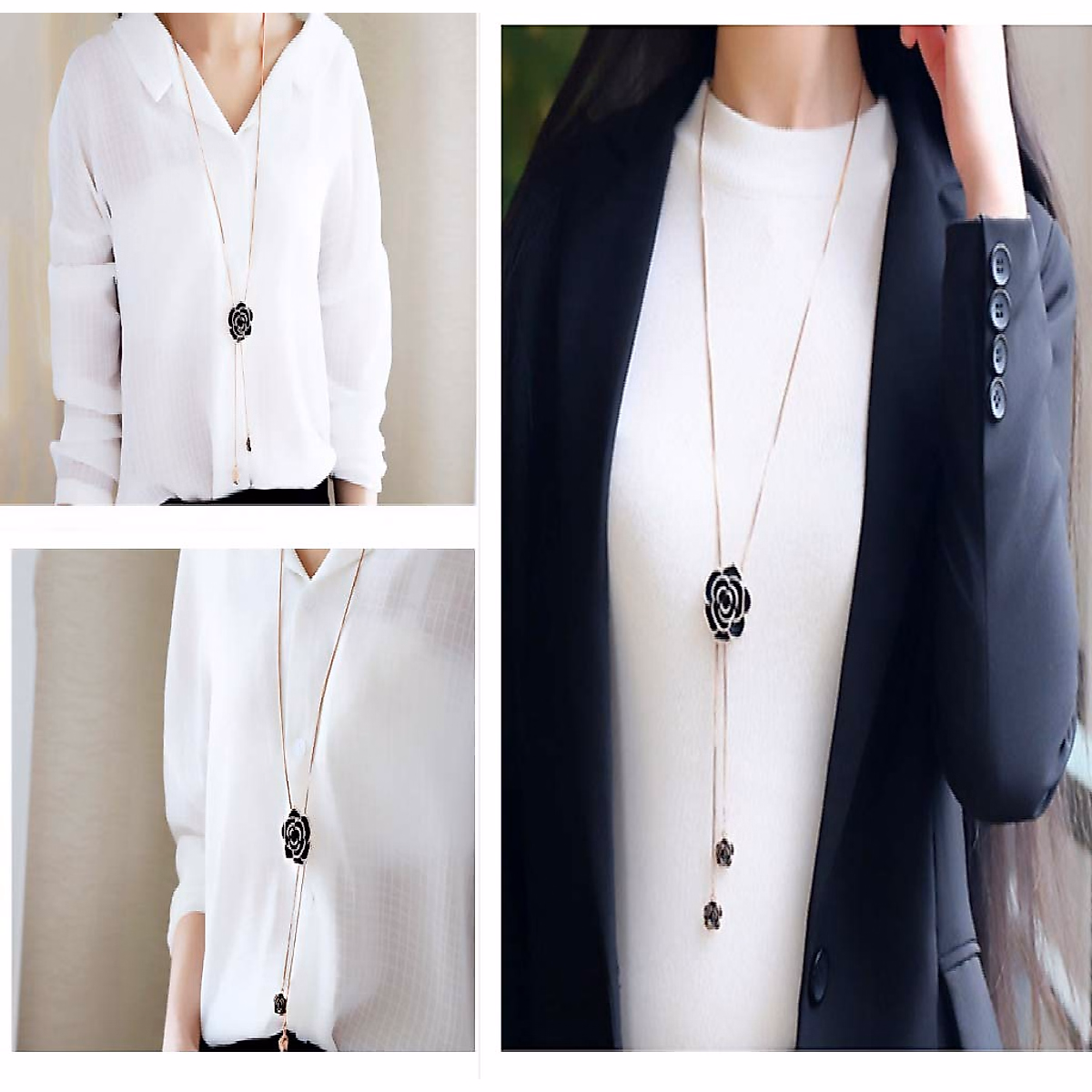 Cathercing Rhinestone Black Rose Pendant Long Necklace for Women Sweater Chain Statement Necklace Choker Adjustable Elegant Jewelry Crystal Accessories Dressy Collocation Winter Evening Party Wedding