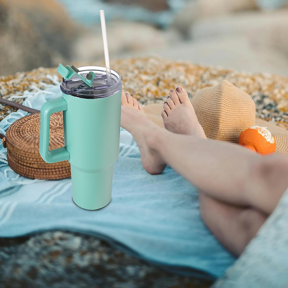 Gome 40 oz Tumbler with Handle - Stainless Steel Cup with Straw - Insulated Coffee Mug with Lid - Daisy Birthday Gifts for Women - Hand Wash Only Eucalyptus Green