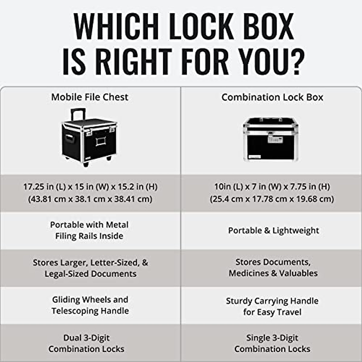 Vaultz Portable File Storage Box with Handle - 14.5" x 17.5" x 15.5" Letter/Legal Size Mobile Lock Box - Double Combination Locking Cabinet - Black