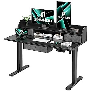 Shahoo Electric Double Layers Standing Desk with 3 Drawers, 48 x 24 Inches Height Adjustable Conner Table, Computer Workstation with Large Storage Shelves for Home Office, 48 Inch, Black