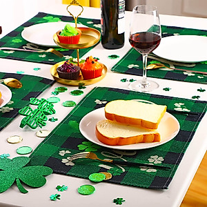 Tatuo 6 Pcs St. Patrick's Day Placemats Buffalo Plaid Placemats Lucky Clover Shamrock Blessed Table Mats Non Slip Heat Resistant Washable Place Mats for Kitchen Dining, 12 x 18 Inch (Stylish Style)