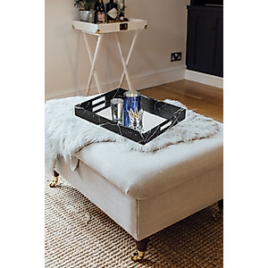 Vixdonos Decorative Serving Tray Marble Black Leather Tray Mirror Ottoman Tray with Handles for Coffee,Candle Holders,16.2'' X 12.2" X 2''