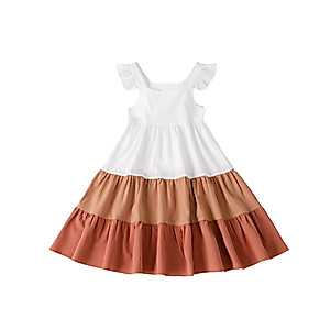 Verdusa Toddler Girl's Colorblock Ruffle Hem A Line Square Neck Sleeveless Mini Dress White Brown 120