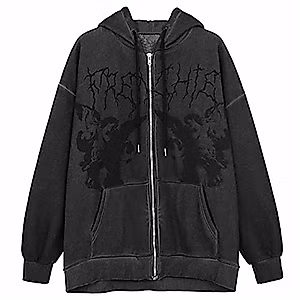 Women's Oversized Y2K Sweatshirt Long Sleeve Zipper Punk Goth Printed Hoodie Aesthetic Drawstring Jacket (Black, L)