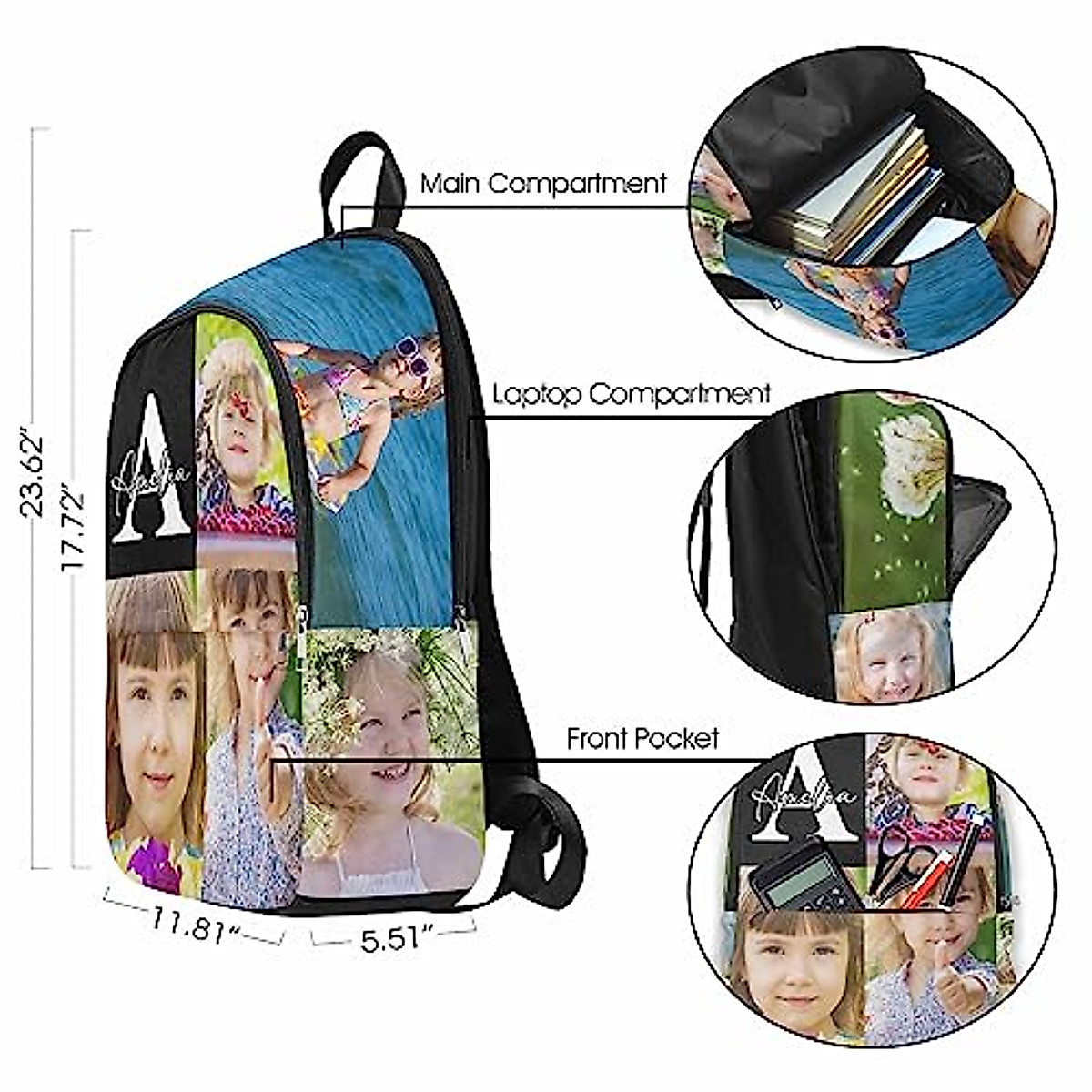 M YESCUSTOM Customized Girls Scoolbag with Name Personalized Picture Kid Backpack Book Bag for Kindergarten Elementary Middle School Back Casual Bookbags for Back to School Travel Picnic