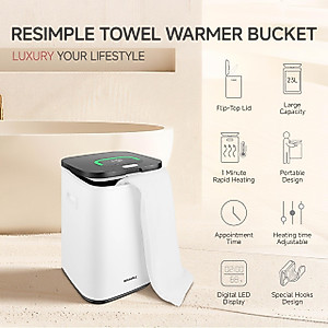 RESIMPLE Towel Warmer for Bathroom, 23L Large Hot Towel Warmers Bucket with LED Display, 3 Heating Modes, Up to 24 Hour Delay, Luxury Towel Heater for Oversize Bathrobes Blankets - Simple Black